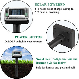 Vast Outdoors - Mole Repellent Solar Powered Outdoor Waterproof Ultrasonic Solar Snake Groundhog Repellent, Mole Repellent for Lawns, Chipmunk Repeller, Gopher Repellent for Lawn, Garden & Yard 4 Pack