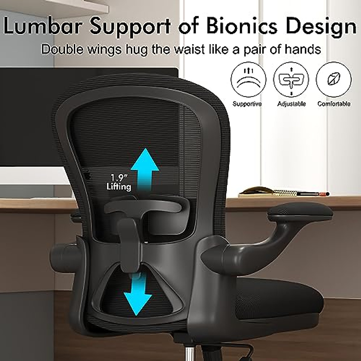 Apusen Ergonomic Home Office Desk Chairs Comfy Computer Gaming Chairs Mesh Arm Swivel Chairs of Adults for Home Office Bedroom(Black)