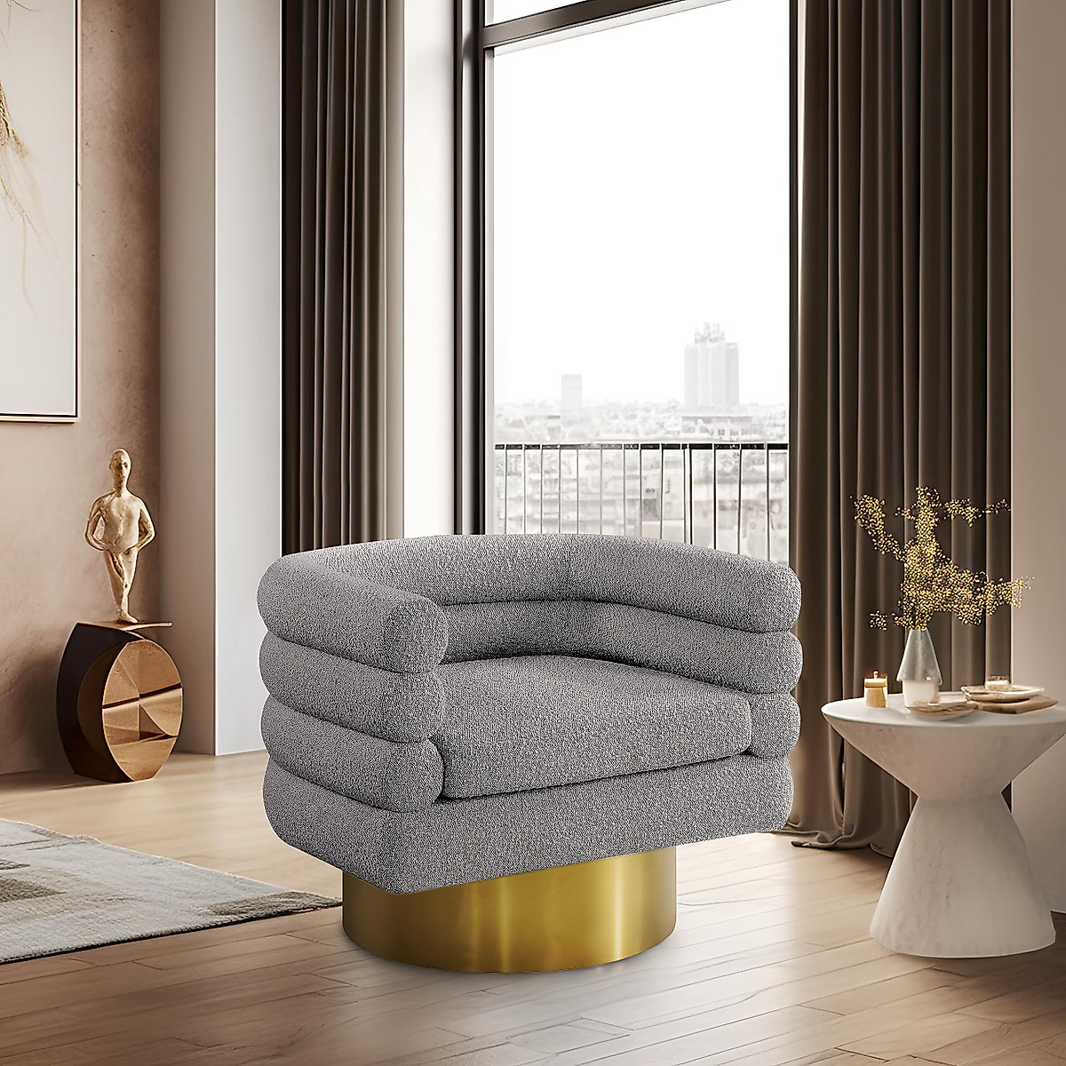 Meridian Furniture 544Grey Tessa Collection Modern | Contemporary Boucle Fabric Upholstered Swivel Accent Chair with Brushed Gold Base and Deep Channel Tufted Back, Grey, 33.5" W x 28" D x 26.5" H