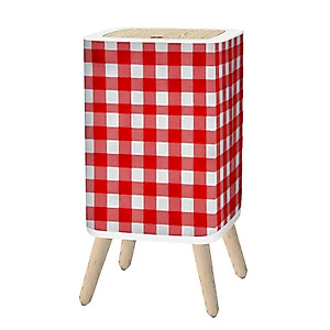 Small Trash Can with Lid Red Gingham Seamless Pattern Texture from Rhombus Squares for Plaid 2.6 Gallon/10L Garbage Can Waste Bin with Pop-Up Lid Wood Legs Wastebasket for Bathroom Kitchen Bedroom