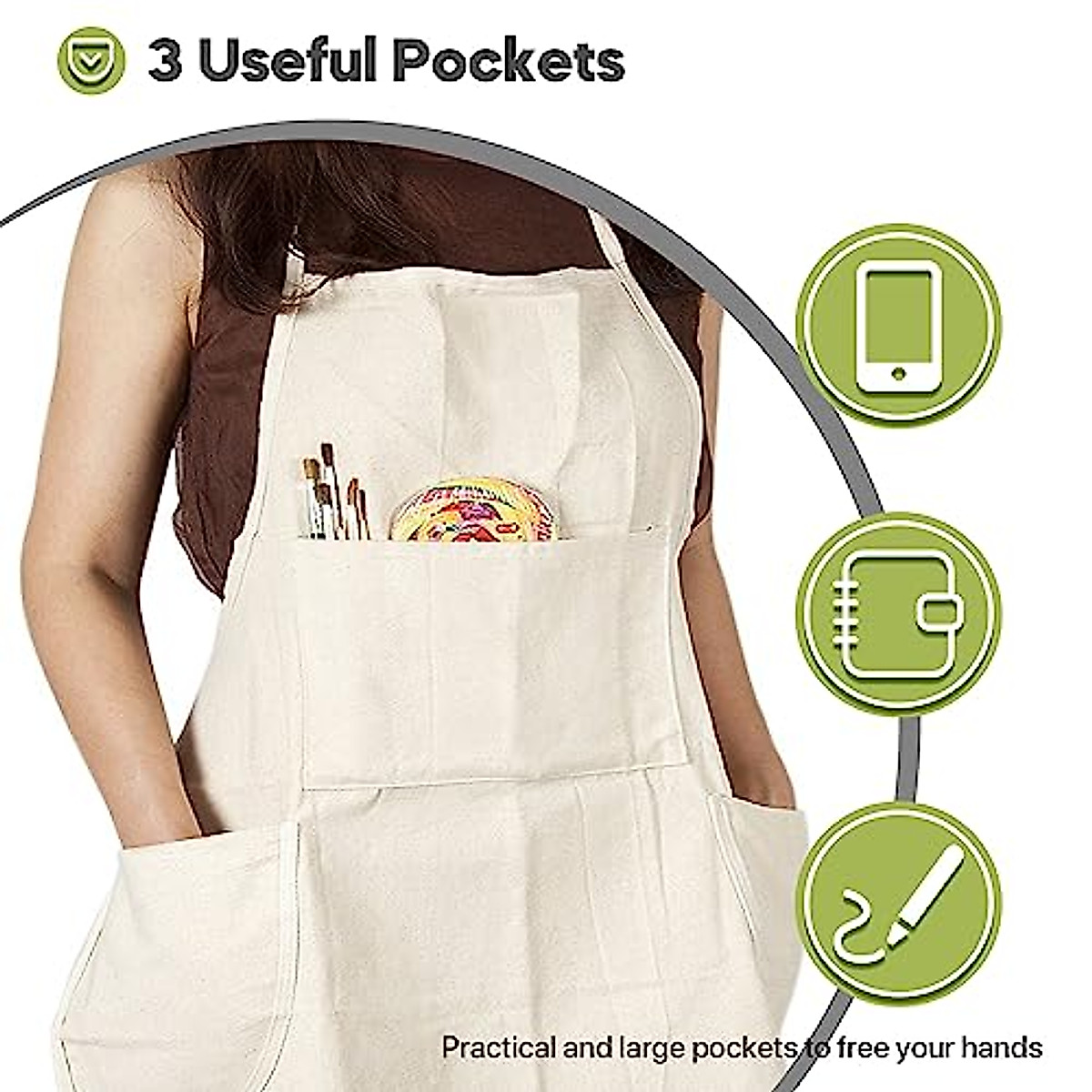 CONDA 100% Cotton Canvas Professional Bib Apron With 3 Pockets for Women Men Adults,Waterproof,Natural 31inch By 27inch