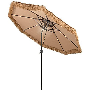 Tangkula 10 ft Thatched Patio Umbrella, 2 Tier Hawaiian Style Grass Beach Umbrella with 32 Led Lights, Center Light, Solar Tiki Umbrella with 8 Ribs, Tilt Adjustment, Manual Crank for Backyard, Poolside, Deck