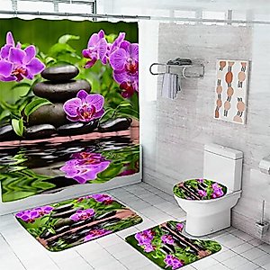 ROUAA Basalt Stones Reflecting on Water with Floral Shower Curtains Sets Cloth Fabric Bathroom Decor 4 Pieces with Hooks (10,47" W×70.8" L(120cm×180cm))