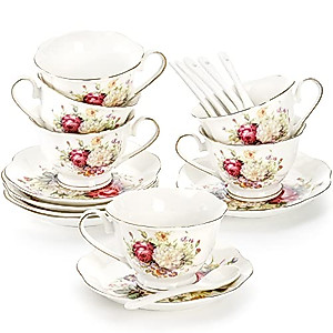 Foraineam Tea Cups and Saucers Set of 6, Floral Tea Cup Set with Gold Trim, 6 oz Porcelain Ivory Coffee Cups with Saucers and Spoons, Latte Cups and Espresso Mug for Coffee Drinks and Tea