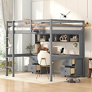 KTATK Full Size Loft Bed with Desk and Cabinets,Multifunctional Storage Solid Wood Bed Frame w/Drawers,Bedside Tray,Charging Station,Integrated Ladder,for Bedroom,Apartment,Grey
