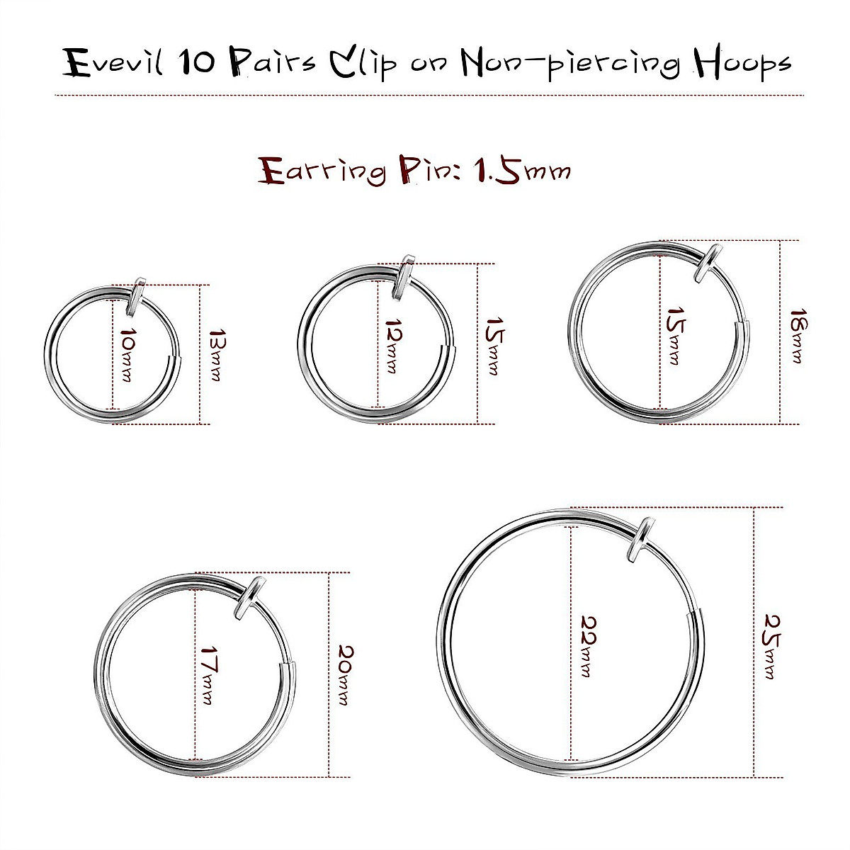 Evevil Fake Nose Ring Clip On Hoop Earrings For Women Faux Lip Septum Ring Spring Endless Hoop Earrings Non Piercing Lobes Men Women (10 Pairs,13mm-25mm,Steel Plated & Black Plated Color)