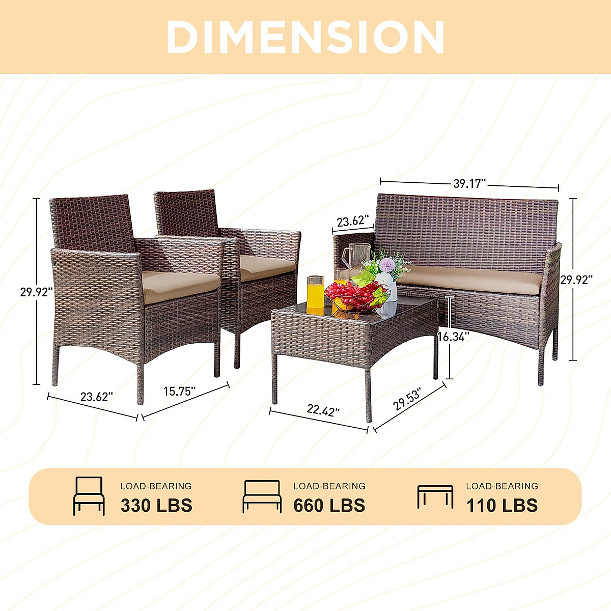 PROHIKER 4 Piece Outdoor Wicker Patio Conversation Furniture Set, Rattan Chair Wicker Sofa Garden Conversation Sets with Cushion and Glass Table for Yard Pool or Backyard, Brown/Khaki