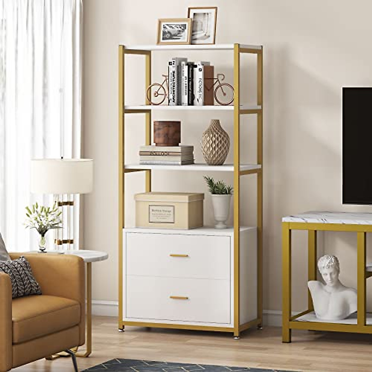 Tribesigns Bookcase, 4-Tier Bookshelf with 2 Drawers, Etagere Standard Book Shelves Display Shelf for Home Office (Gold/White)