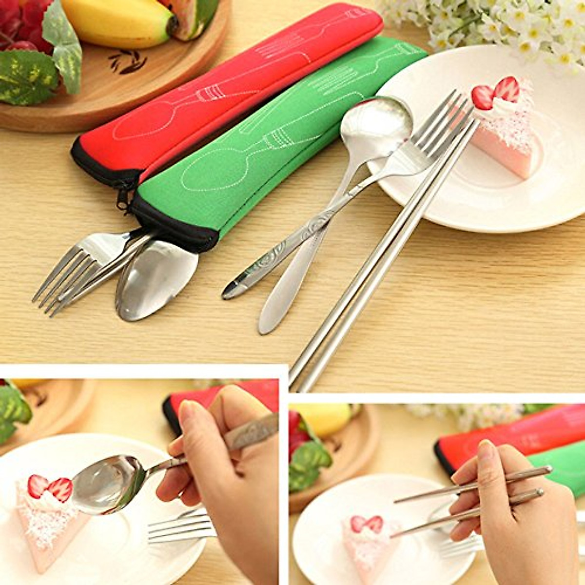 Bluelans® 3 Piece Stainless Steel (Chopsticks, Fork, Spoon) Portable Travel/Camping Cutlery Set with Neoprene Case (Purple)