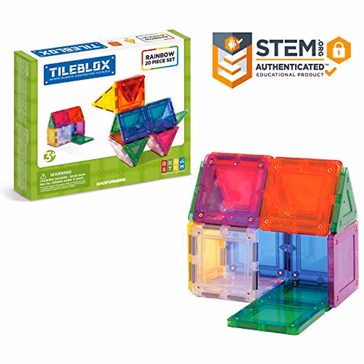MAGFORMERS Tileblox Basic Rainbow 20 Pieces, Rainbow Colors, Magentic Geometric Shapes Building STEM Toy Set Ages 3+
