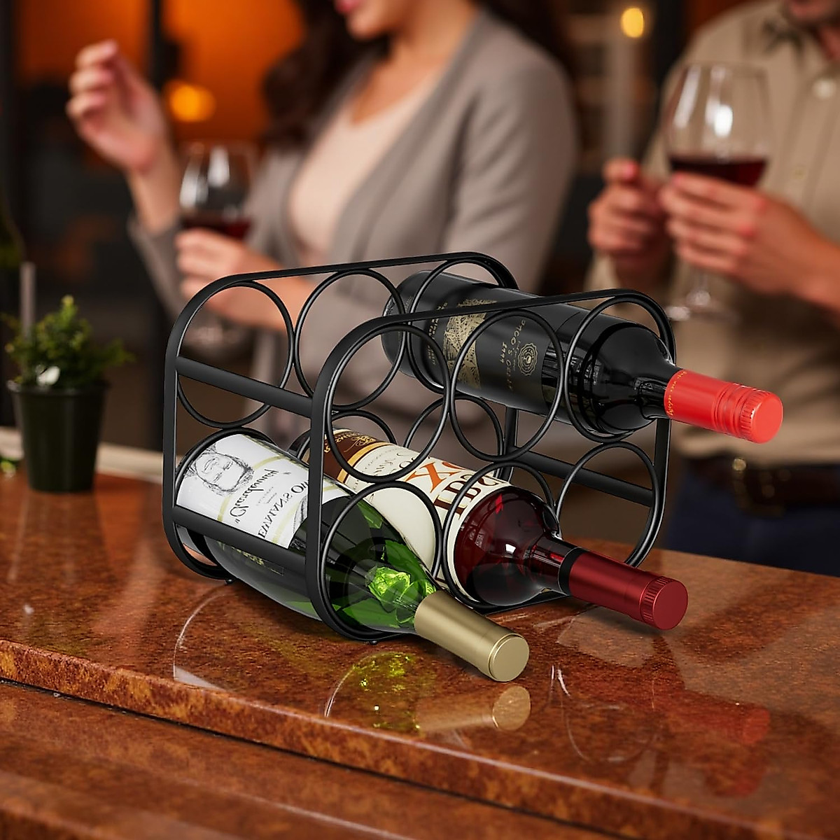Buruis 6 Bottle Countertop Wine Rack - Wine Holder for Red White Wine Storage - Freestanding Metal Wine Rack - Modern Tabletop Bottle Holder - Black