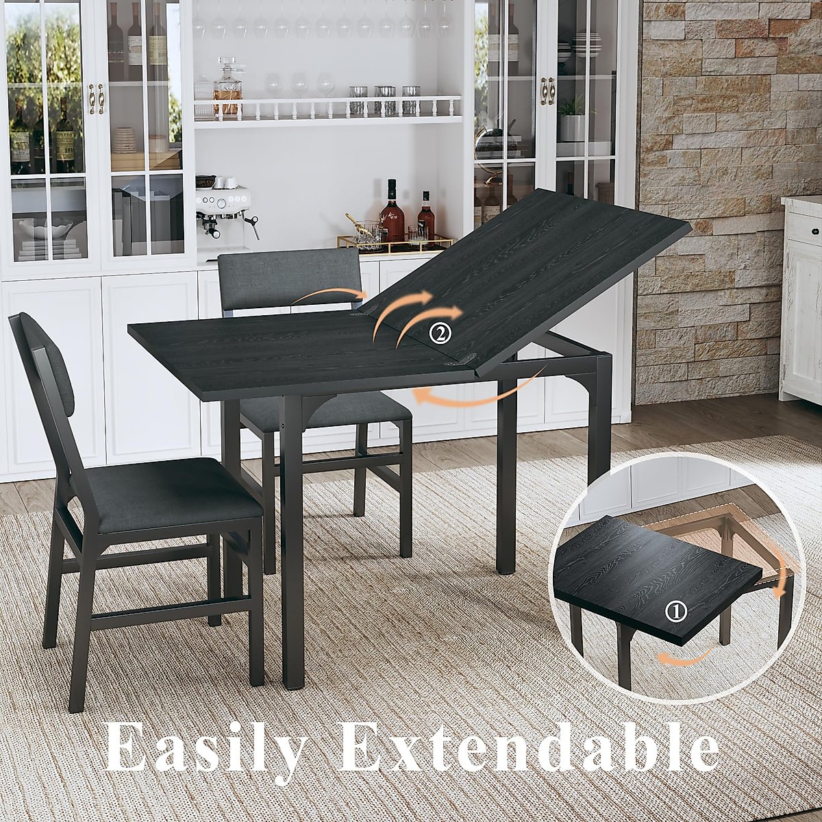 HUAHUU Dining Table Set for 4, Extendable Kitchen Table Cushion Chairs Set of 4, Rectangle Dining Table with Metal Frame & MDF Board, Folding for Small Apartment Saving Space, Black