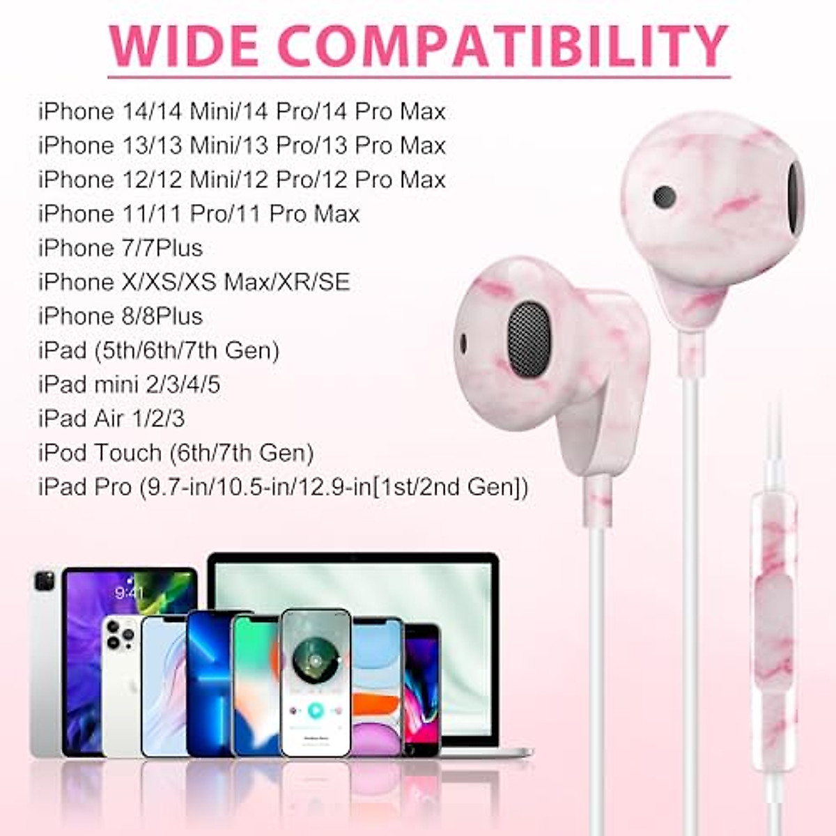 XNMOA Wired Headphones for iPhone 13/13 Mini / 13 Pro/13 Pro Max,Wired iPhone Earphones with Microphone,Headphones for School/Travel/Tablet, Pink Marble