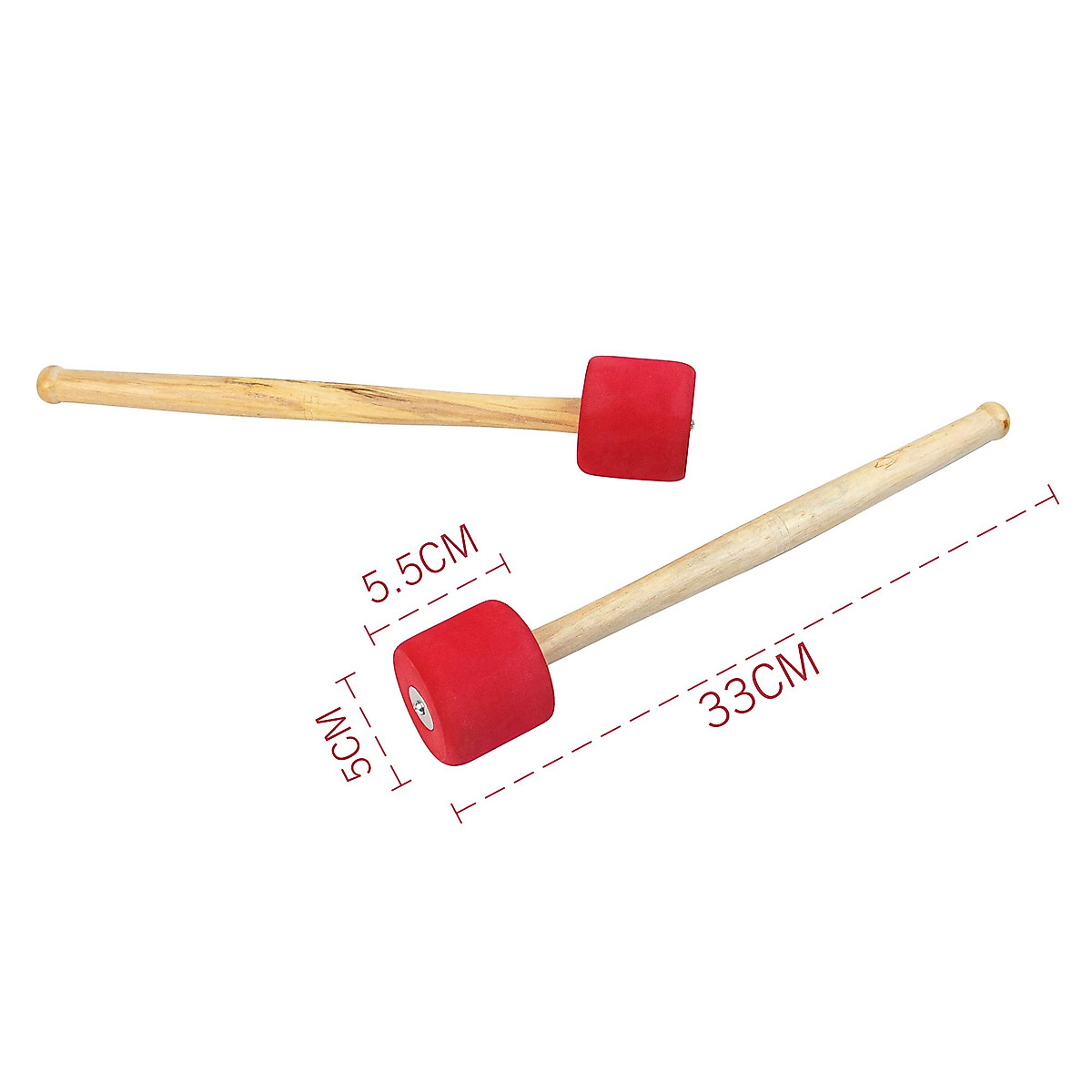 AUEAR, 2 Pack Bass Drum Mallets Sticks Red Foam Mallet with Wood Handle for Percussion