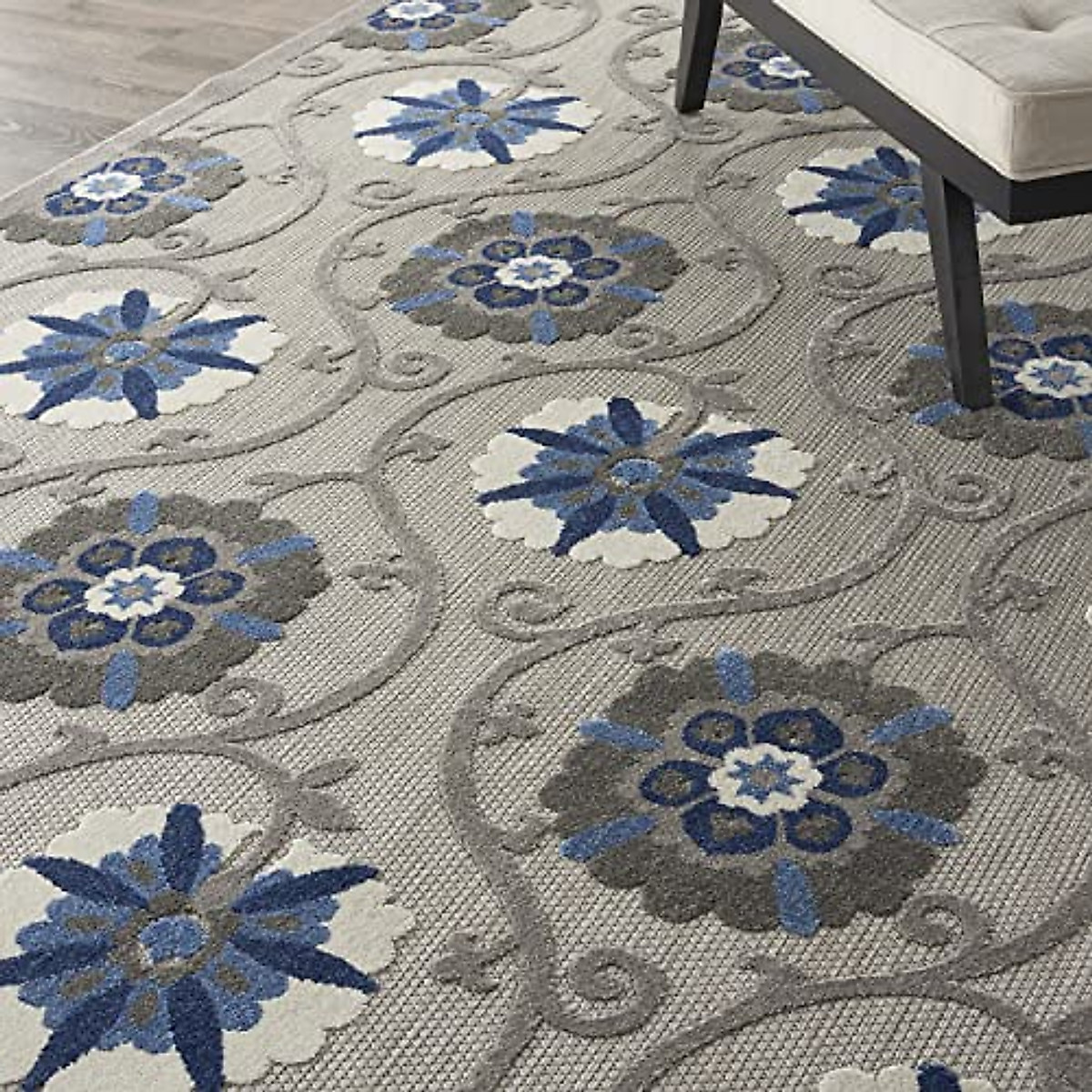 Nourison Aloha Indoor/Outdoor Grey/Blue 7'10" x 10'6" Area Rug, Easy Cleaning, Non Shedding, Bed Room, Living Room, Dining Room, Deck, Backyard, Patio (8x11)