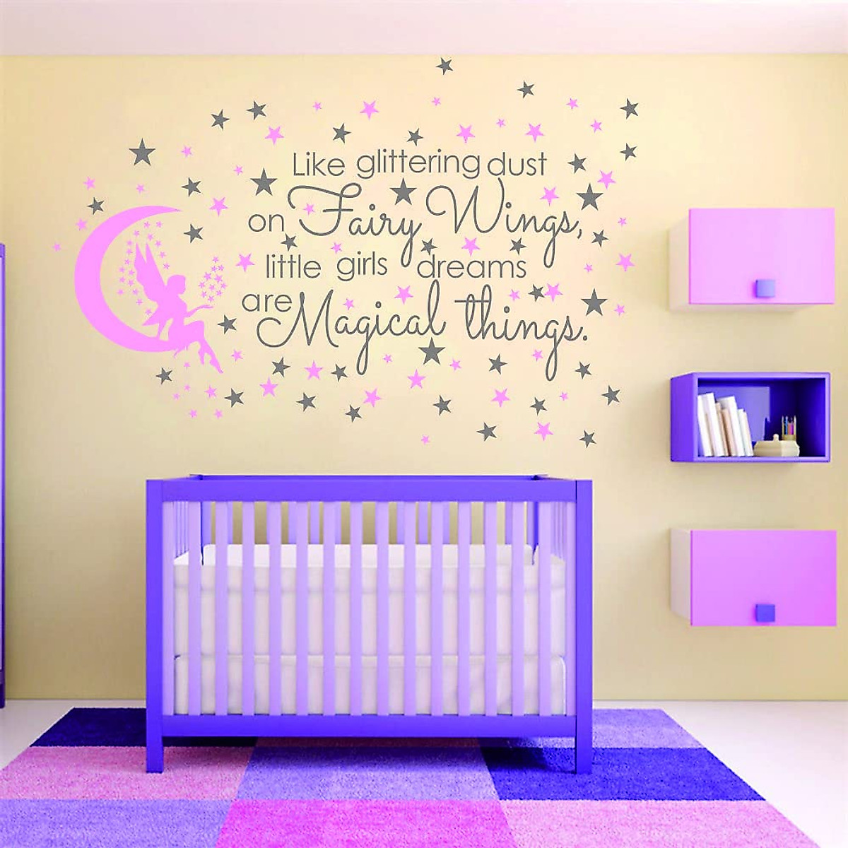 ANFRJJI Fairy and Dream Wall Sticker - Removable PVC Decal with Glittering Wings and Magical Quote - Fairy Moon and Stars Wall Art for Girls Bedroom, Kids Room -effect 24"x35"inch (Gray-JWH290-Fairy