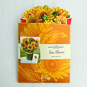 Freshcut Paper Pop Up Cards, Paper Flower Bouquet 3D Popup Greeting Cards with Note Card & Envelope, Birthday Card, Anniversary Card, Get Well Gifts for Women, 12" Sunflowers