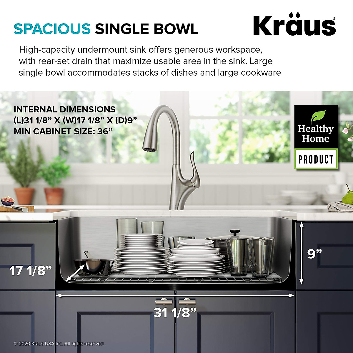 KRAUS Dex 33-inch Undermount 16 Gauge Stainless Steel Single Bowl Kitchen Sink, KA1US33B
