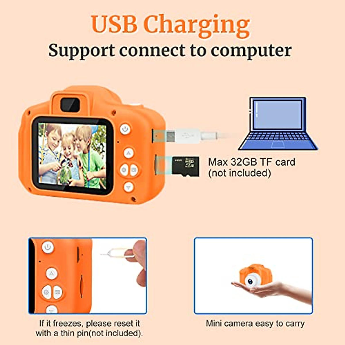 OZMI Digital Mini Camera for Kids, Christmas Birthday Gift for Kids Age 3-12, Selfie Camera for Toddler Boys Girls, Children Toy Camera for 3 4 5 6 7 8 9 Year Old Girls with 32GB Card - Orange