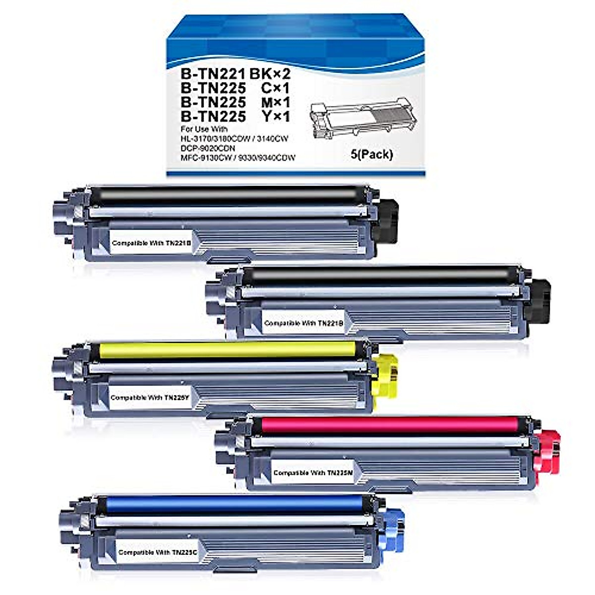 GALADA Compatible Toner Cartridge Replacement for Brother TN221 TN225 TN-221 TN-225 for DCP-9020CDN HL-3140CW HL-3170CDW HL-3180CDW MFC-9130CW MFC-9330CDW MFC-9340CDW (2BCMY 5 Pack)