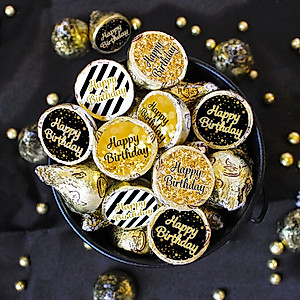 Happy Birthday Party Favor Labels Chocolate Kisses Candy Stickers - Black and Gold - 0.75 in. Round - 180 Stickers