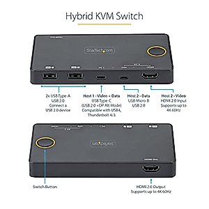 StarTech.com 2 Port Hybrid USB-A + HDMI & USB-C KVM Switch - Single 4K 60Hz HDMI 2.0 Monitor - Compact Desktop and/or Laptop HDMI KVM Switch - USB Bus Powered - Thunderbolt 3 Compatible, TAA