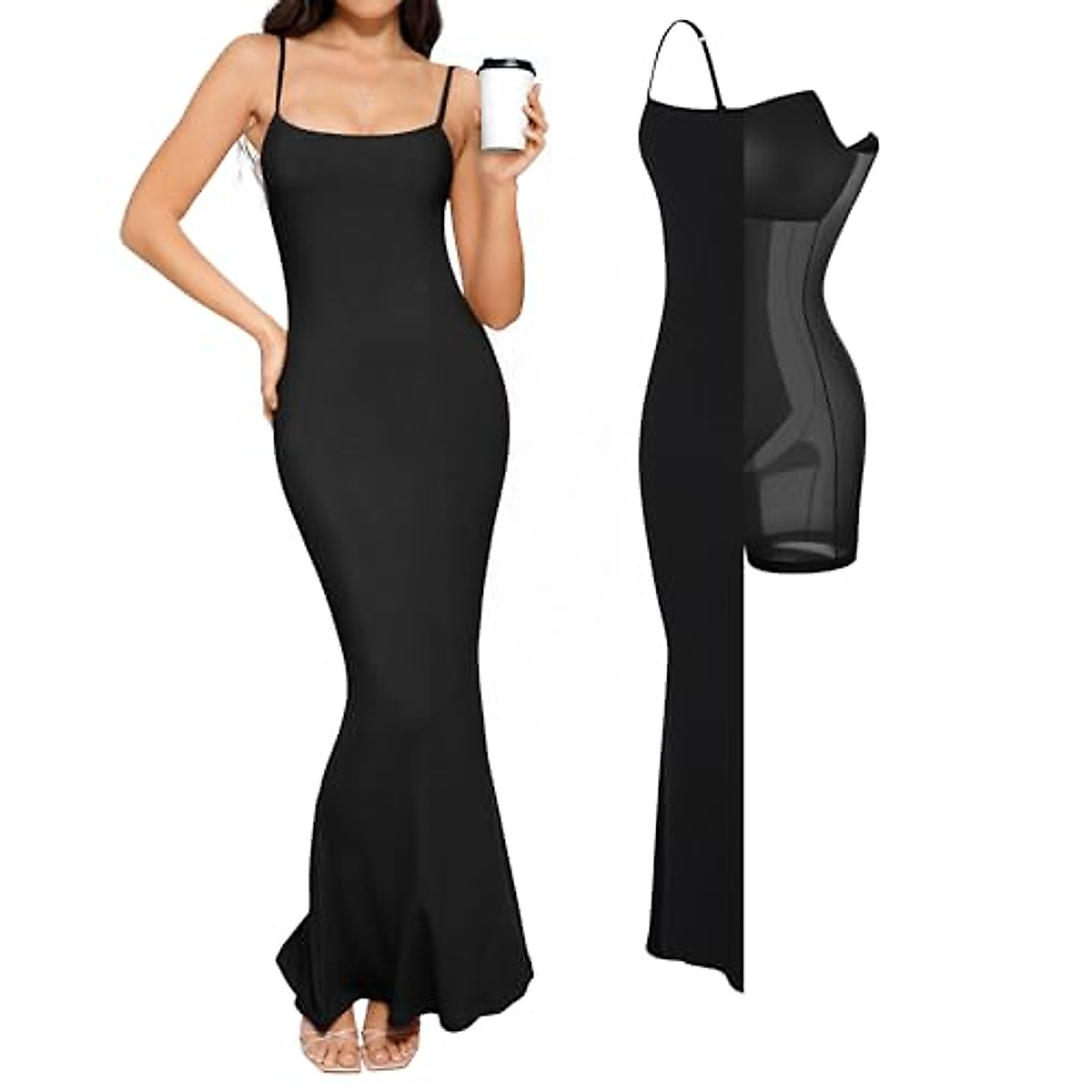 Popilush Summer Maxi Dress for Women - Cocktail Shapewear Dresses Built-in Bra Adjustable Straps Vacation Long Slip Black