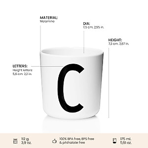 Design Letters Melamine Sippy cups for Baby 7 Oz A-Z | Kids Cups Designed in Denmark Reusable Cup for Baby 6+ Month|Learning Cup BPA/BPS Free | Children Drinking Cup Dishwasher Safe, Toddler Cup White