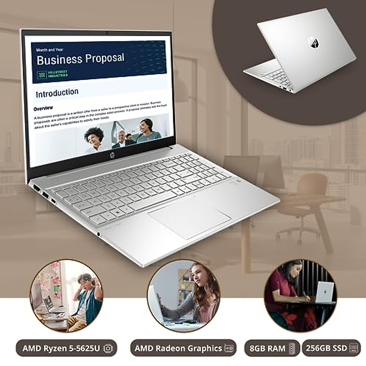 HP 15.6" FHD Business Laptop, AMD Ryzen 5-5625U Processor, AMD Radeon Graphics, 8GB RAM, 256GB PCIe SSD, HD Webcam, Bluetooth, Wi-fi, HDMI, Win 11, Silver, 32GB Hotface USB Card