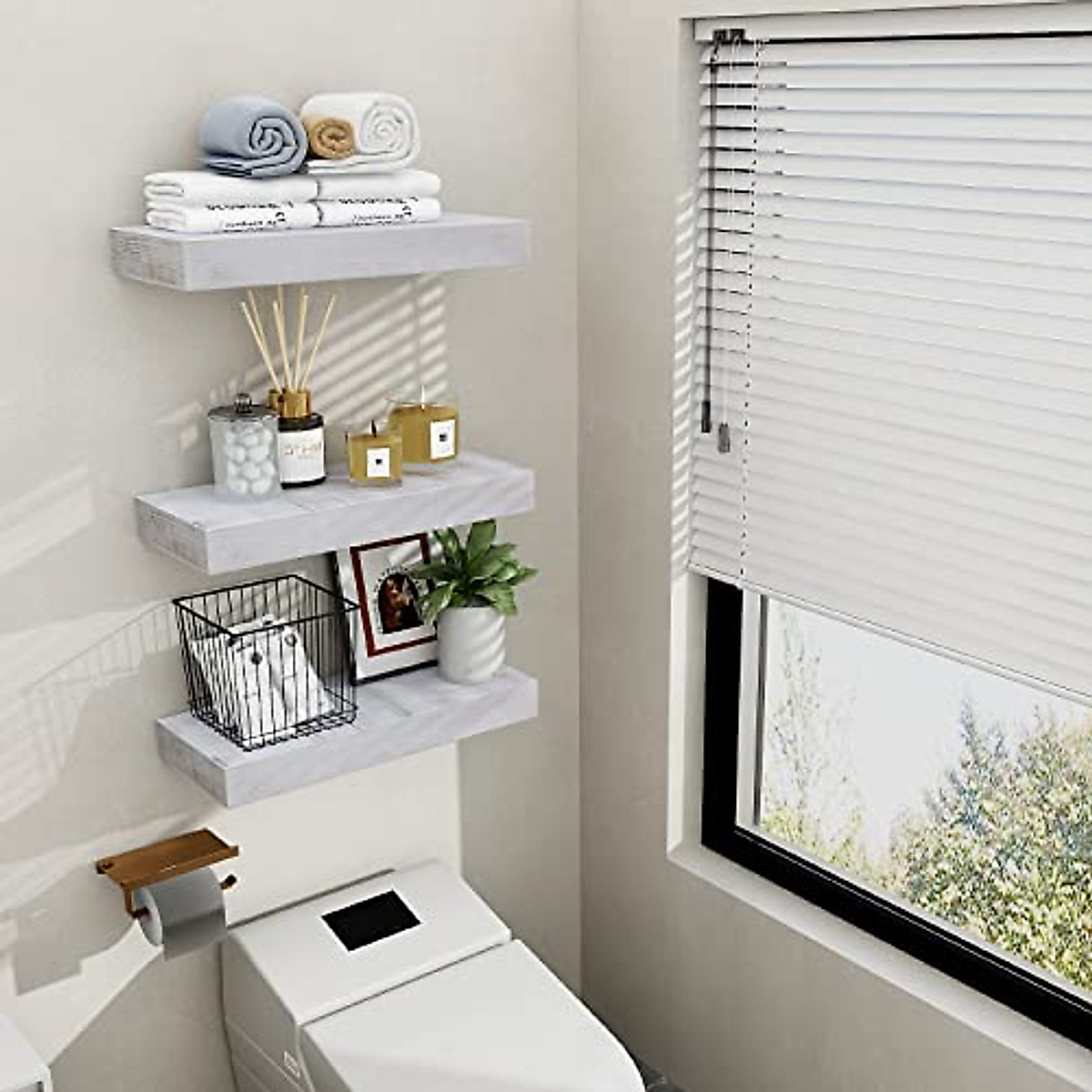 JOLLYMER Washed White Floating Shelves, 10 Inch Deep Wood Wall Shelf for Living Room, Bedroom or Bathroom, Farmhouse Style Home Decor