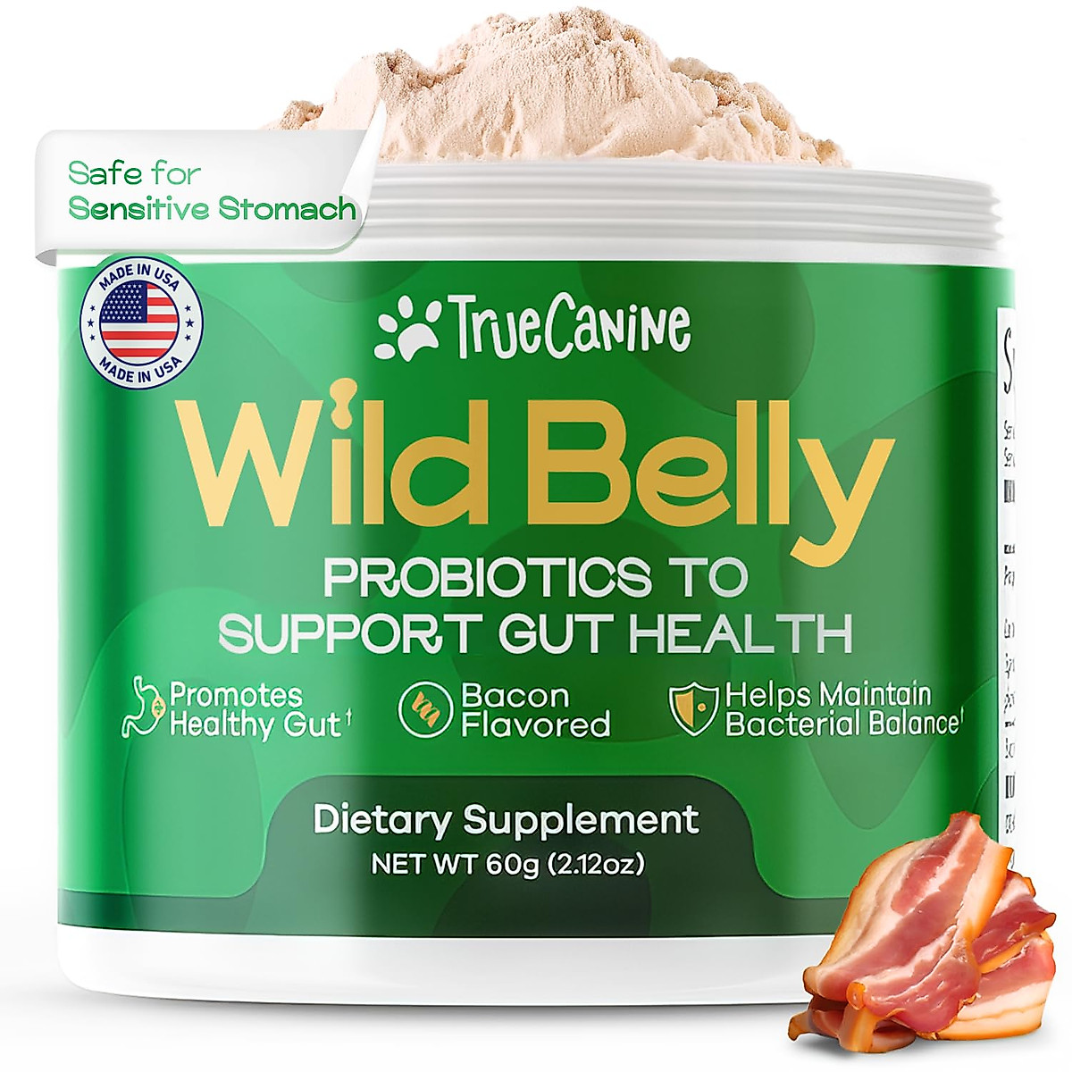 Wild Belly TrueCanine Probiotics for Dogs, 8.75 Billion CFU - Dog Probiotics for Digestive Health, Allergy&Itchy Skin, Anti-Aging & Gut Health for Dogs - Made in USA, Bacon Flavor, 30 Servings