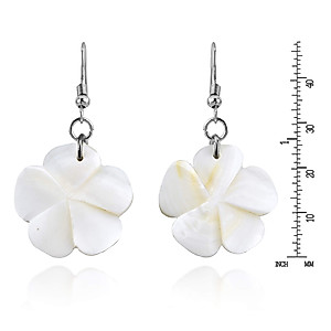 Tropical Plumeria Flower White Kabibe Shell Dangle Earrings