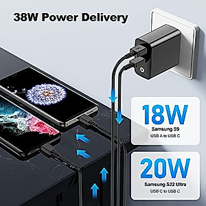 Adaptive USB C & USB A Fast Charger,38W Samsung Super Fast Charger Kit with 6ft Cable,Dual Port Rapid Charging Block forSamsung Galaxy S23 Ultra/S23/S23+/S22/S22 Ultra/S8/S9/S10 /S11