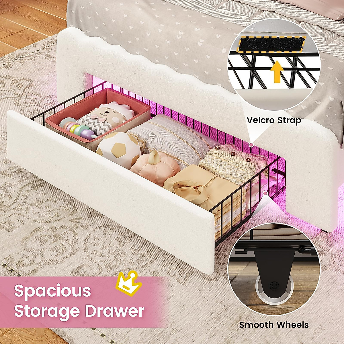 VIAGDO Twin Bed Frames with LED Lights and Storage Drawer, Upholstered Bed Frame Twin Size with Height Adjustable Crown Headboard, Type C and USB Charging Ports, No Box Spring Needed, White