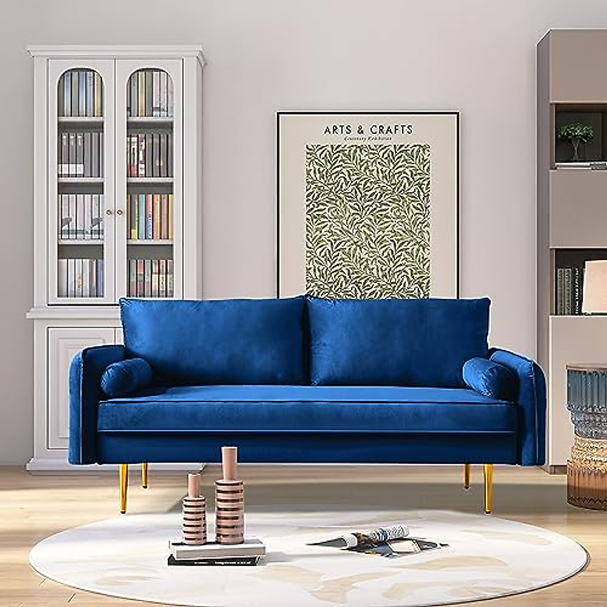 Imbesty 3-Seater Sofa for Small Space，71” Velvet Loveseat Sofa, Mid Century Futon Couch with Golden Metal Legs and Armrest Pocket, Small Couches for Living Room, Bedroom, Apartment (Blue)