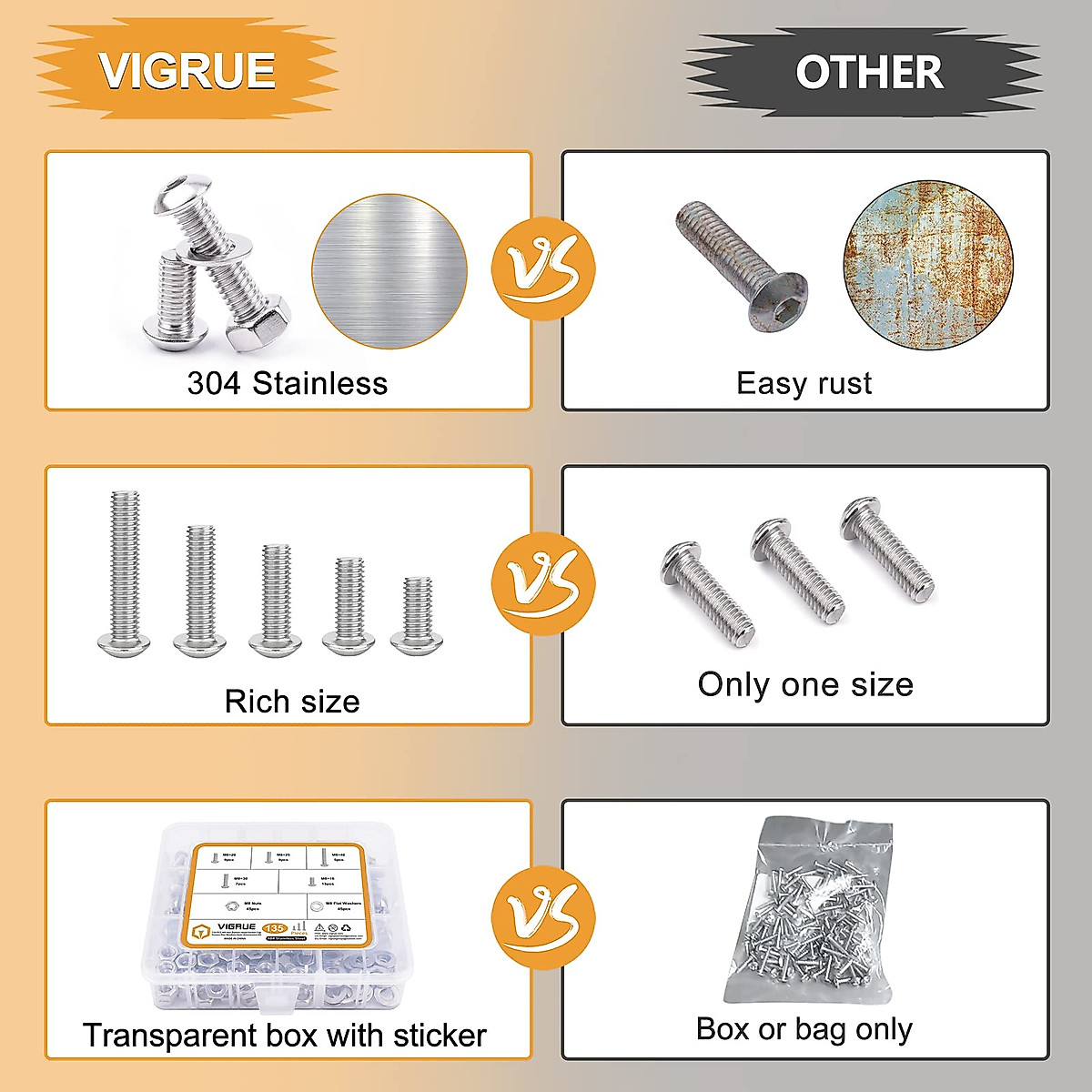 M8-1.25 x 16/20/25/30/40mm Button Head Socket Cap Screws VIGRUE 135PCS M8 Allen Hex Drive Screws Nuts Washers Assortment Kit 18-8 Stainless Steel 304, Bright Finish, Fully Threaded