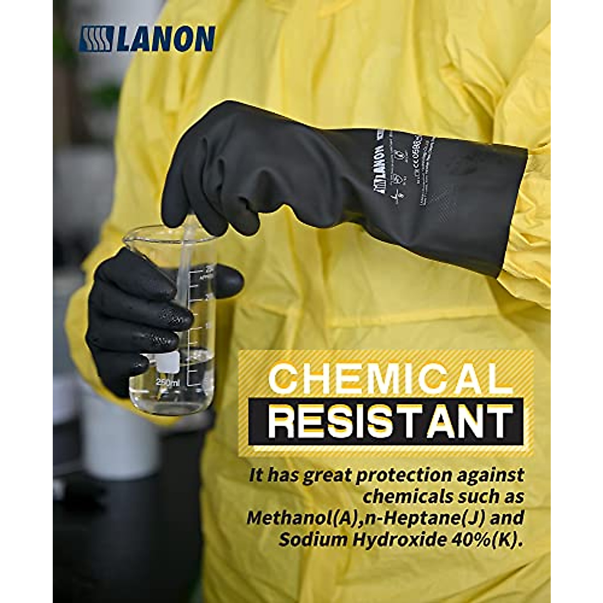 LANON Rubber Chemical Resistant Gloves, Reusable Heavy-duty Safety Work Gloves, Acid & Alkali Protection, Non-Slip, Large