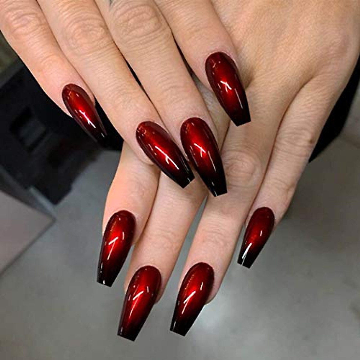 Uranian Coffin Press on Nails Long Black Fake Nails with Designs Ombre Glossy False Nails Full Cover French Tip Nails Halloween Acrylic Nails for Women and Girls (24pcs)