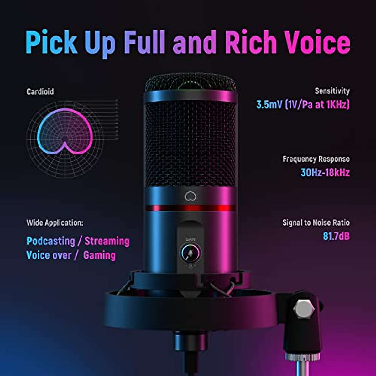 NEEWER USB Gaming Microphone, Plug&Play One Click Mute and Gain, Computer Condenser Microphone for PC MAC, Upgraded Boom Stand Shock Mount Cool Lighting for Streaming Twitch Online Chat (CM20)