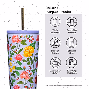 Corkcicle x Rifle Paper Co. Cold Cup Insulated Tumbler with Lid and Straw, Roses Purple, 24 oz – Reusable Water Bottle Keeps Beverages Cold for 12hrs, Hot 5hrs – Cupholder Friendly, Flexible Sip Lid