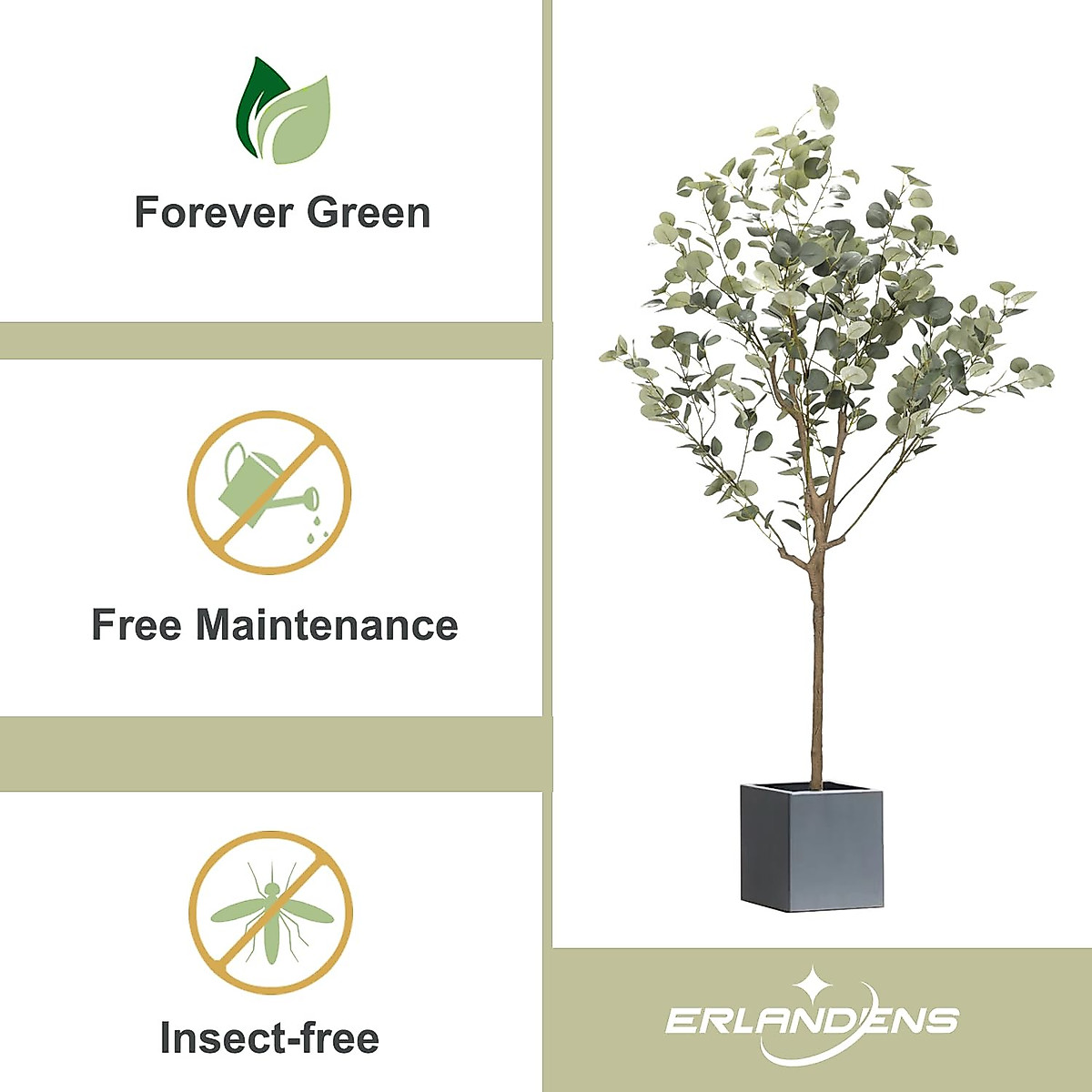 Erlandens 6FT Artificial Eucalyptus Tree 71in Modern Fake Plant Silk Faux Eucalyptus Silver Dollar Leaves in Pot for Outdoor Indoor Office Housewares Living Room Wedding Decor