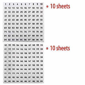 Number Sticker 1 to 200 Ruiwaer 20 Sheets Vinyl Continuous Digital Sticker 0.4 Inch Small Circular Digital Self Adhesive Sticker Storage Finishing Sticker (10 Sheets 1 to 100 and 10 Sheets 101 to 200)
