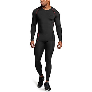 TSLA Men's Thermal Long Sleeve Compression Shirts, Athletic Base Layer Top, Winter Gear Running T-Shirt, Heat Core 2pack Black & Red/Olive, Large