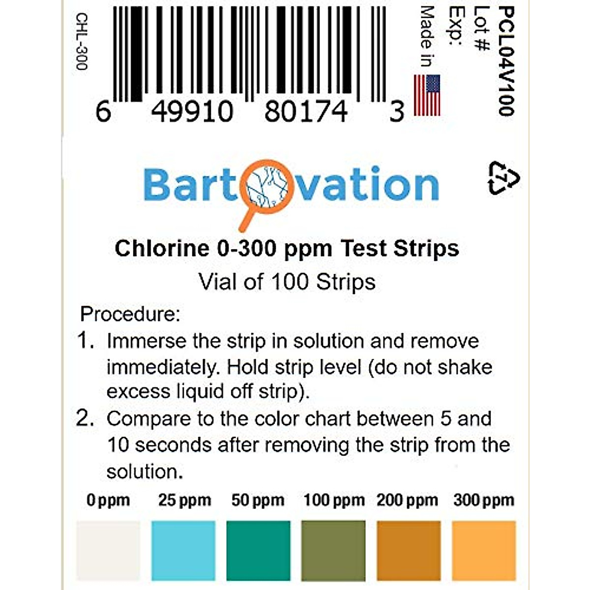 Restaurant Chlorine Sanitizer Plastic Test Strips, 0-300 ppm [Moisture Wicking Vial of 100 Strips]