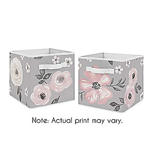 Sweet Jojo Designs Grey Watercolor Floral Foldable Fabric Storage Cube Bins Boxes Organizer Toys Kids Baby Childrens - Set of 2 - Blush Pink Gray and White Shabby Chic Rose Flower Farmhouse