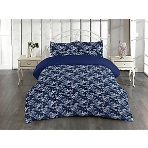 Ambesonne Floral Duvet Cover Set, Monochrome Vintage Art of Continuous Flowers and Leaves on Night Themed Back, Reversible 3 Piece Bedding Set with 2 Pillow Shams, California King, White Navy Blue