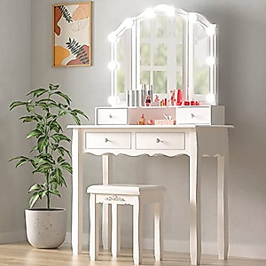 GinguoHome Vanity Set with Lighted Mirror, White Dressing Table,Makeup Vanity with Tri-Fold Mirror and 10 LED Dimmable Bulbs,Dressing Table with Cushioned Stool&4 Drawers,for Bedroom Vanity Desk White