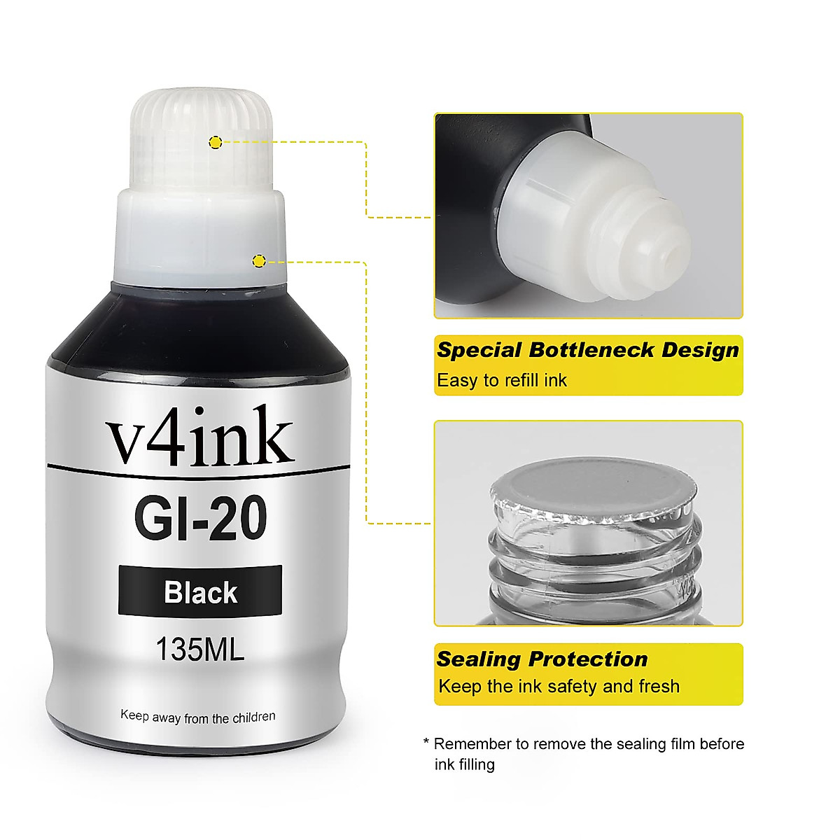 v4ink Compatible GI20 Refill Ink Bottle Replacement for Canon GI-20 Refill Ink Bottle to use with PIXMA G5020 G5030 G5040 G5050 G6020 G6030 G6040 G6050 G7020 Inkjet Printer - Black Cyan Magenta Yellow