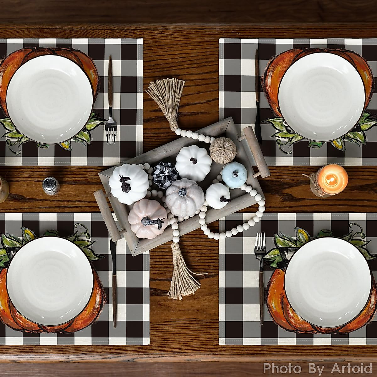 Artoid Mode Buffalo Plaid Pumpkin Fall Placemats Set of 4, 12x18 Inch Seasonal Autumn Table Mats for Party Kitchen Dining Decoration