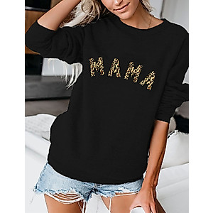 Tomteamell Women's Mama Crewneck Sweatshirts Long Sleeve Cheetah Print Leopard Mom Shirts XL Black